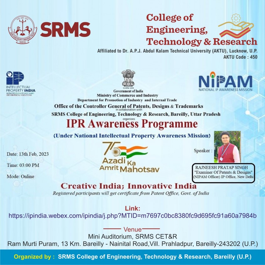 SRMS COLLEGE OF ENGINEERING TECHNOLOGY & RESEARCH COMES UP WITH IPR AWARENESS PROGRAMME ...